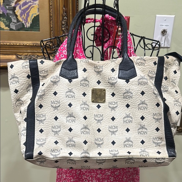 MCM | Bags | Mcm Cream And Black Monogram Tote Bag | Poshmark